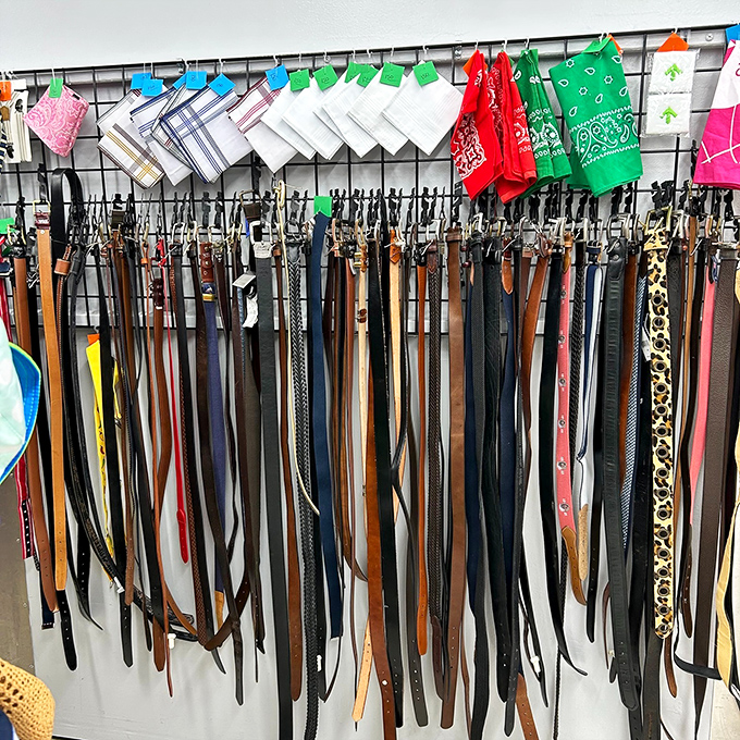 The belt rack&mdash;a leather rainbow where fashion statements of decades past dangle like timeline markers of American waistlines.