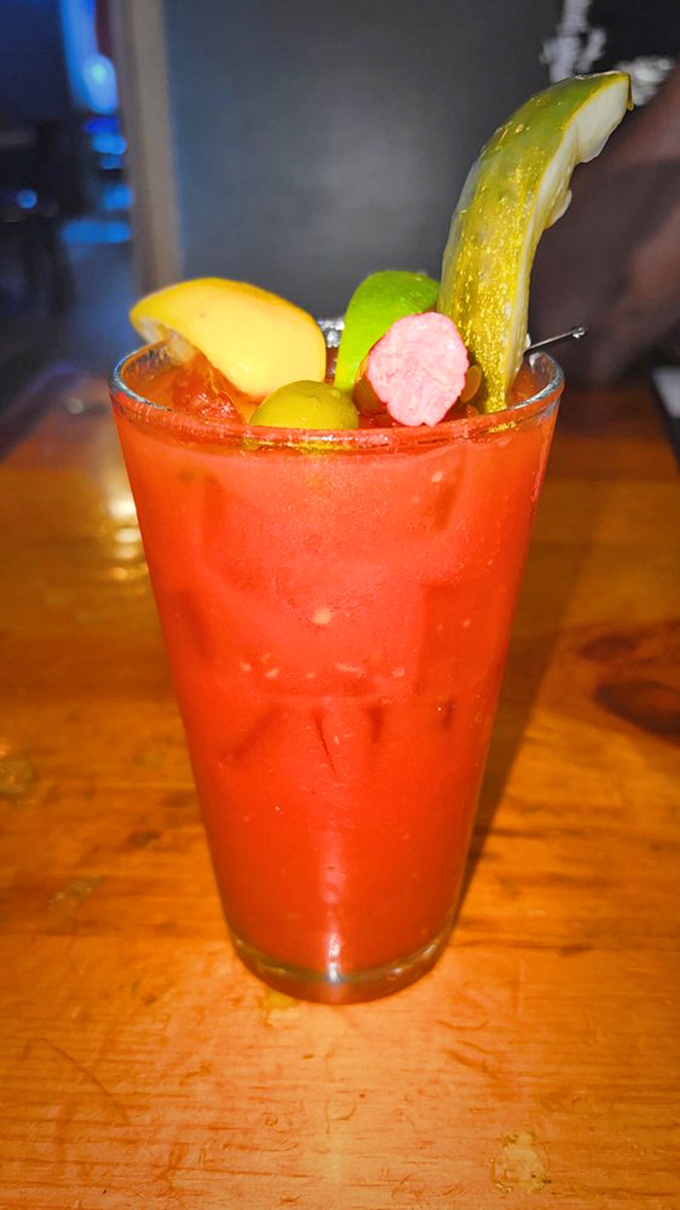A Bloody Mary that doubles as a small meal. The pickle spear is just showing off at this point.
