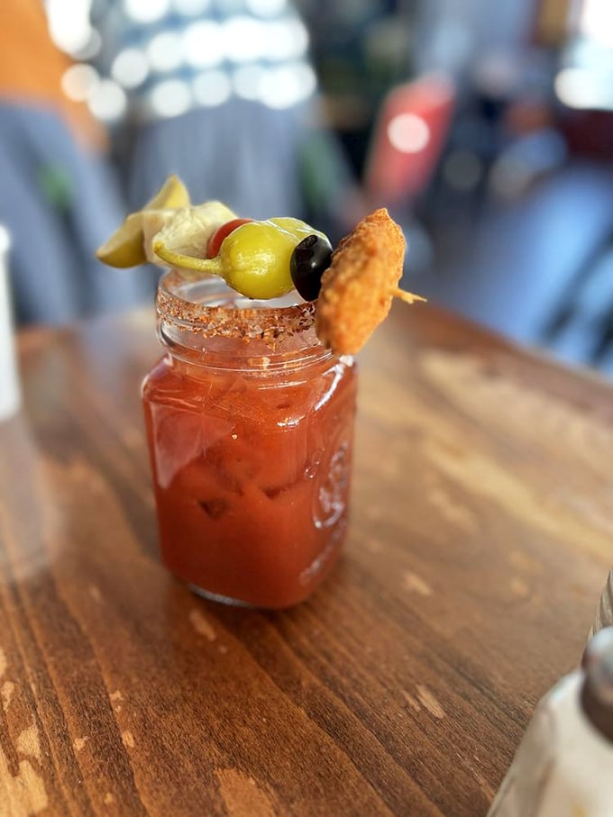 A Bloody Mary garnished with all the fixings because sometimes brunch calls for liquid courage. 