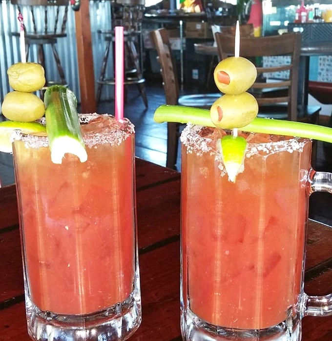 Morning salvation, maritime style. These Bloody Marys with their quirky olive-celery garnishes are practically a meal&mdash;and definitely a mood enhancer.