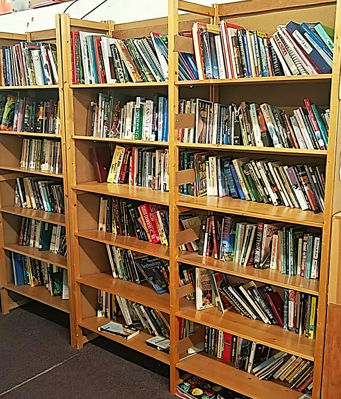 Books stacked like the world's most affordable time machines. Each spine offers a portal to another world for just a couple of bucks.