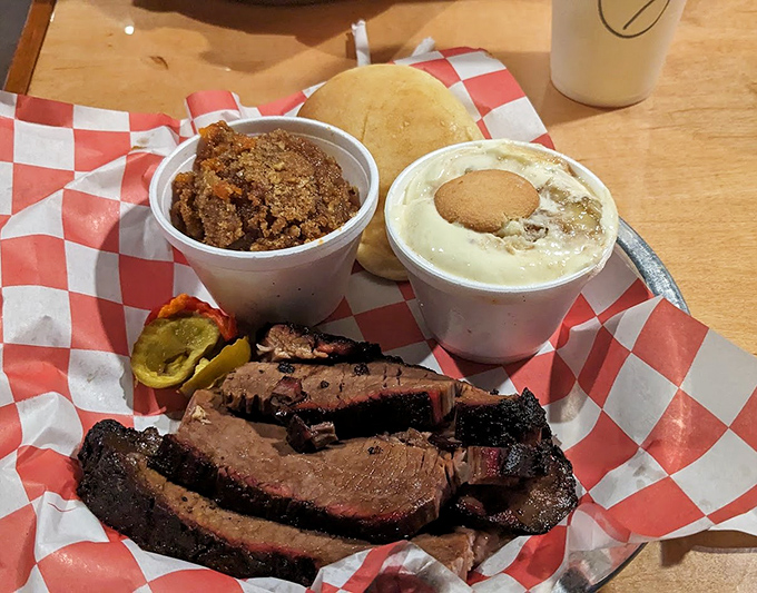A barbecue plate that hits all the notes: savory brisket, creamy banana pudding, and that sweet potato crunch that haunts dreams.