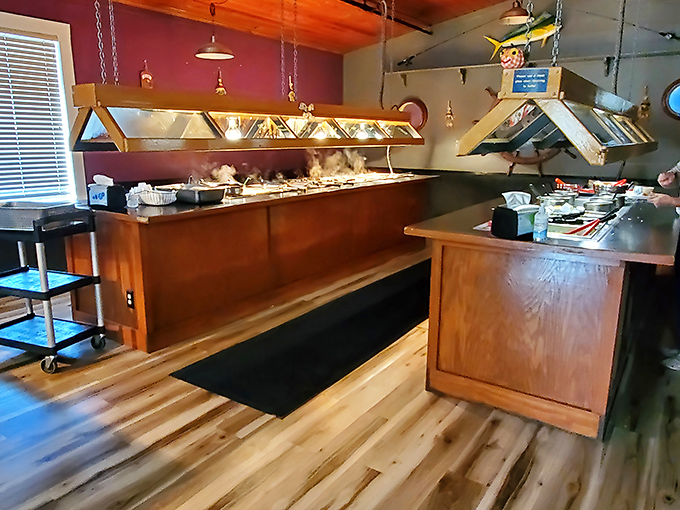 The buffet station&mdash;where dreams and appetites align. Those heat lamps aren't just keeping food warm; they're spotlighting the evening's stars.