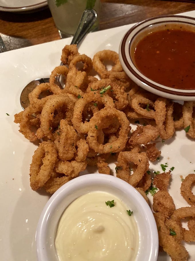 Crispy calamari that shatters with each bite, offering the perfect vehicle for those two dipping sauces standing by.