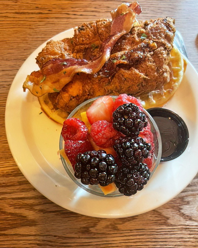 Chicken and waffles with fresh berries&mdash;because sometimes you need your breakfast to satisfy both your angel and devil simultaneously.