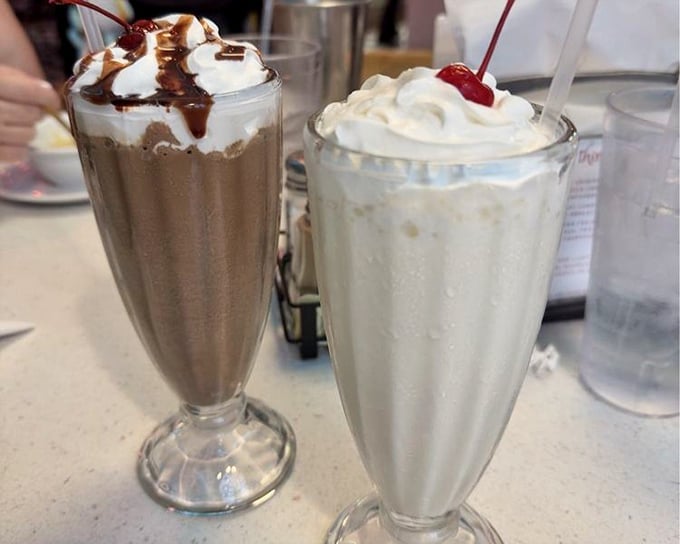 Milkshakes so thick they defy gravity and challenge straws to a duel. One chocolate, one vanilla, both worth the brain freeze.
