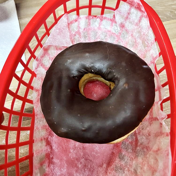 Chocolate donuts nestled in their red basket&mdash;like finding the winning ticket in Willy Wonka's factory, but without the bizarre side effects.