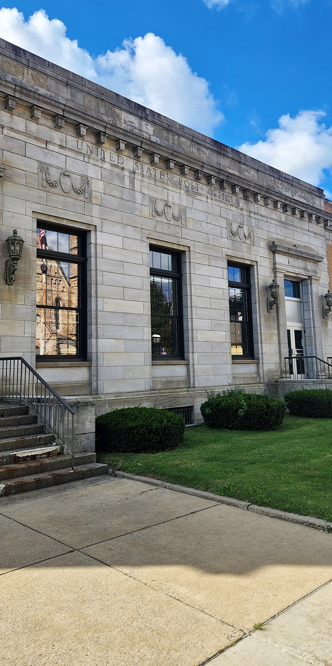 The stately Post Office stands as a monument to civic architecture. Its limestone façade and classical details remind us when mail delivery was considered a noble government service.