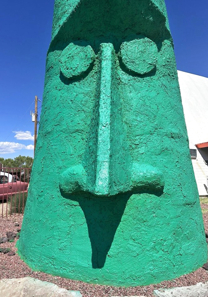 Up close, the textured surface reveals the craftsmanship behind this concrete curiosity&mdash;each imperfection adding character to its stoic face.