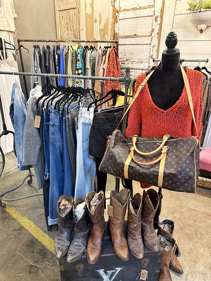 Fashion archaeology at its finest. From designer handbags to well-worn cowboy boots, this rack tells style stories spanning several decades of American fashion.