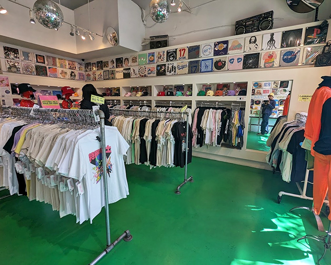 Vintage clothing racks packed tighter than a subway car during rush hour, but infinitely more fun.