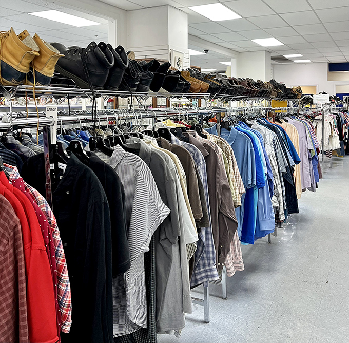 The men's section&mdash;where dress shirts and casual wear hang in perfect formation, like a regiment ready for your next job interview or backyard BBQ. 