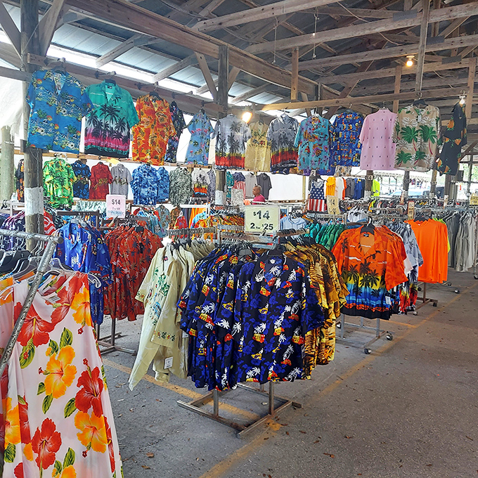 The Hawaiian shirt motherlode! Enough tropical patterns to outfit an entire Jimmy Buffett concert or your next family cruise.
