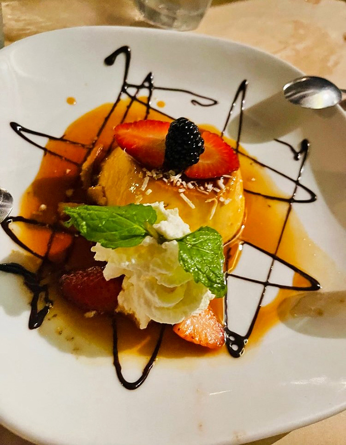 A flan that's dressed for success with chocolate calligraphy. Desserts should always wear their Sunday best.