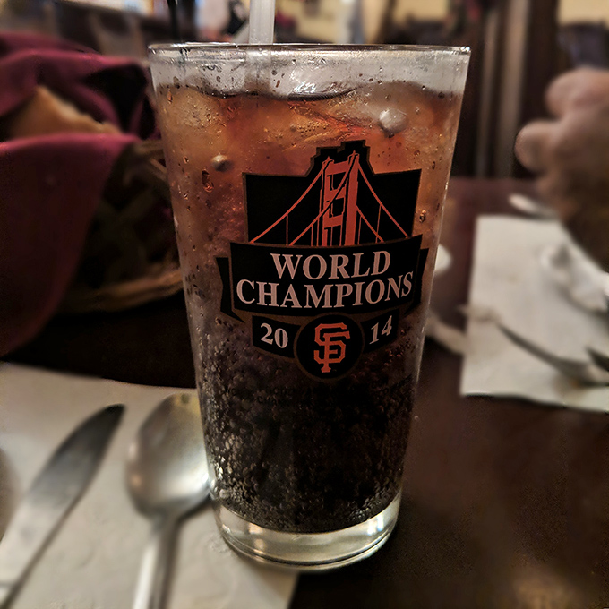 Even the soda comes with a side of local pride! San Francisco Giants World Champions glass proves good taste extends beyond the kitchen at Gus's.