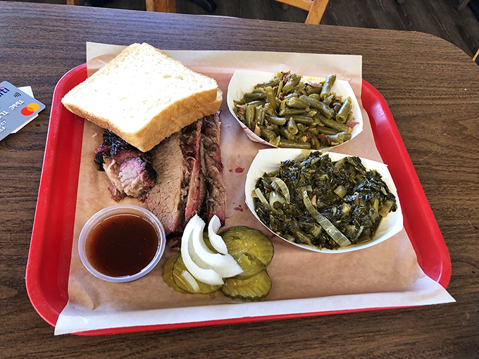 A tray that tells the complete Texas story&mdash;meat, bread, pickles, onions, and greens. The state flag in edible form.