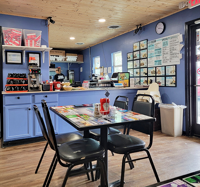 The counter area offers a glimpse into the ice cream operation, where everyday magic happens in the form of shakes and sundaes.