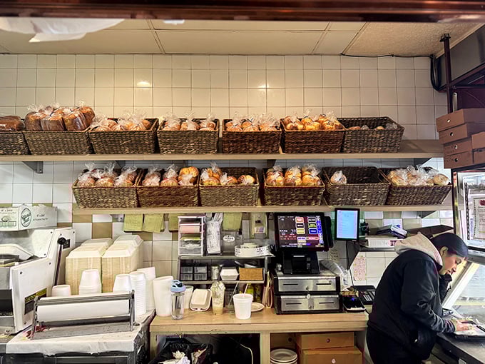 The bakery display tempts even the most determined dieter, with baskets of breads and pastries standing at attention.