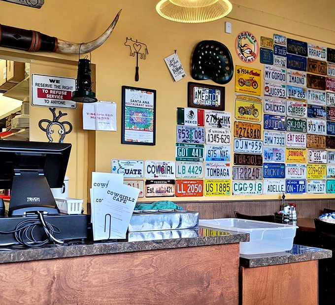 License plates and nostalgia cover the walls, creating that perfect "I've discovered something special" feeling that makes neighborhood gems so satisfying.
