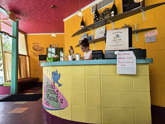 The sunny yellow reception counter welcomes you like an old friend. First impressions matter, and this one says "breakfast paradise ahead."