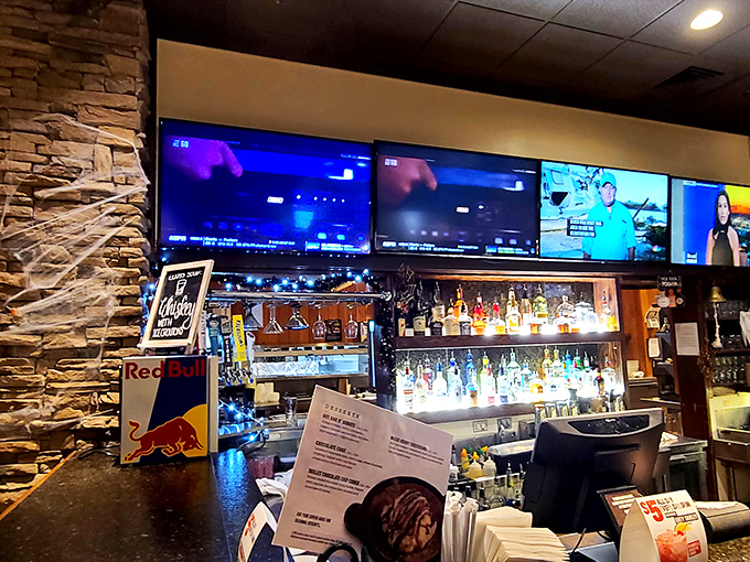 The well-stocked bar promises liquid refreshment to complement your meat feast &ndash; because proper hydration is important, right?