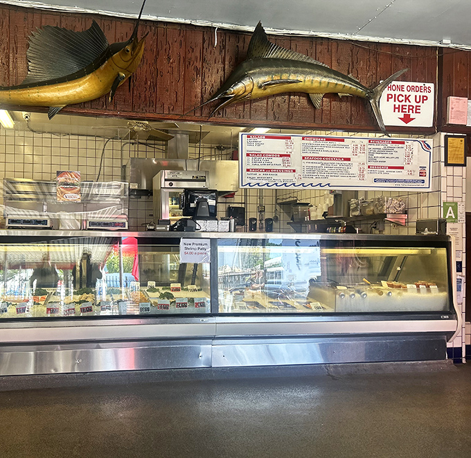 Where seafood dreams begin &ndash; a counter that promises ocean treasures without ocean-sized prices. The mounted fish approve of your choices.