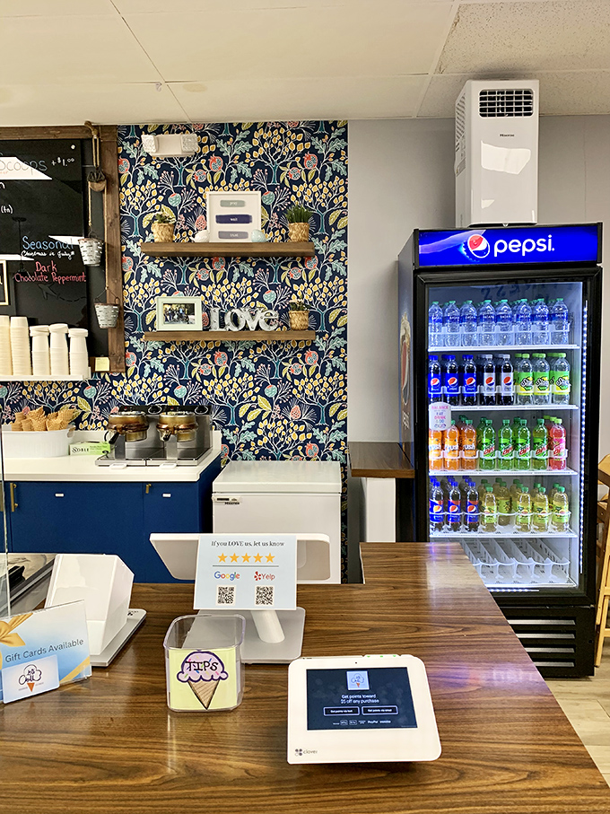 Behind this counter, magic happens daily. The floral wallpaper backdrop adds a touch of whimsy to the serious business of ice cream.