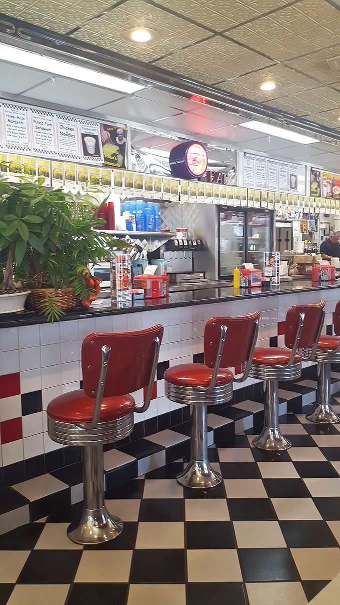These red counter stools have heard more small-town secrets and solved more world problems than any therapist's couch in Ohio.