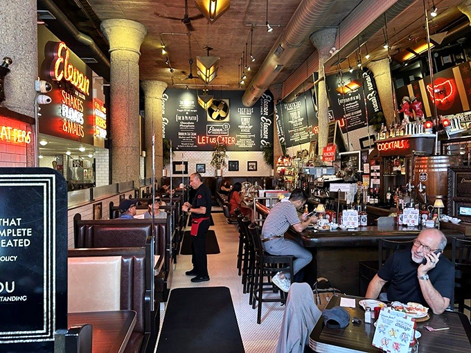 The counter seats offer front-row tickets to the culinary show, while booths provide the perfect setting for plotting your next food adventure.