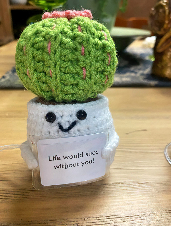 "Life would succ without you!"&mdash;Proof that even in an antique mall, modern pun culture finds its adorably crocheted way.
