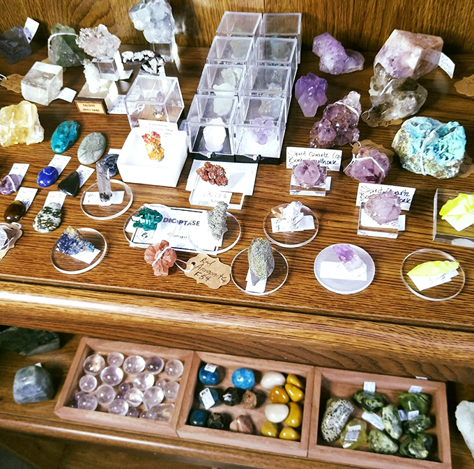 Nature's artwork sparkles under fluorescent lights, turning geology into affordable luxury for crystal enthusiasts everywhere.