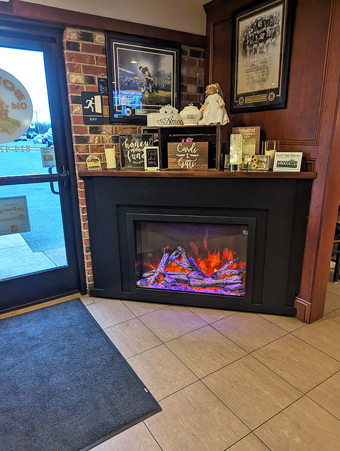 The decorative fireplace by the entrance sets the mood&mdash;a visual appetizer that whispers, "You've made a very good decision coming here."