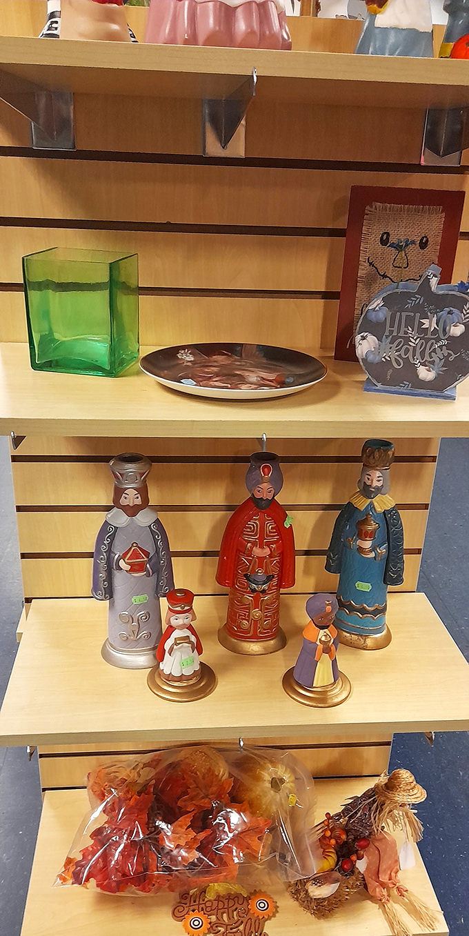 The Three Wise Men figurines stand guard over seasonal d&eacute;cor. They've traveled far, but not as far as from the original owner's home to here.