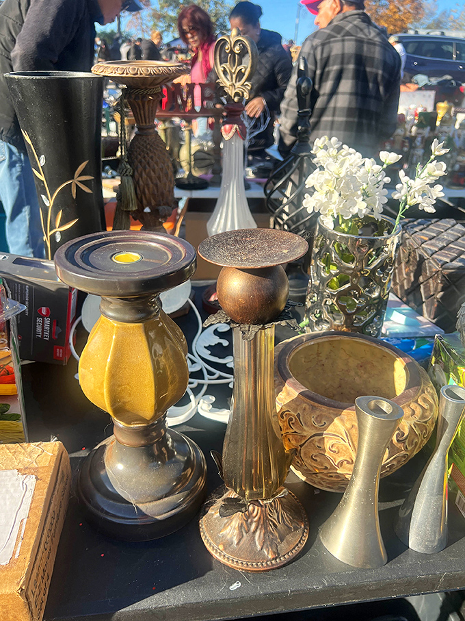 Metallic elegance awaits new homes. These brass and gold-toned treasures could transform a boring bookshelf into a sophisticated display worthy of admiration.
