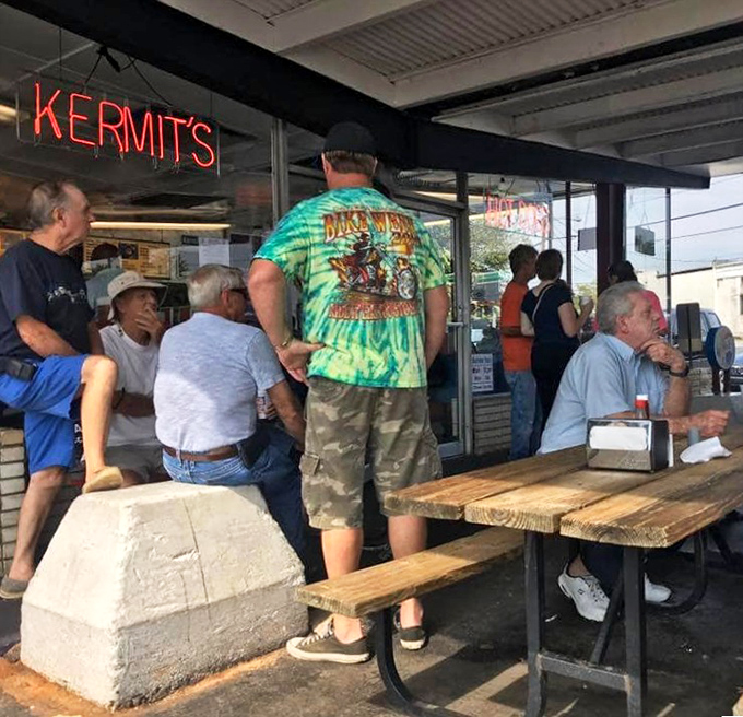 
The outdoor seating isn't about the view&mdash;it's about community. These wooden benches have hosted more meaningful conversations than most therapists' couches.