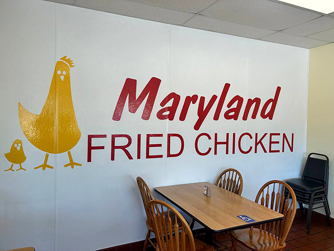 That wall mural with mama chicken and baby chick watching over diners like poultry guardian angels of deliciousness.