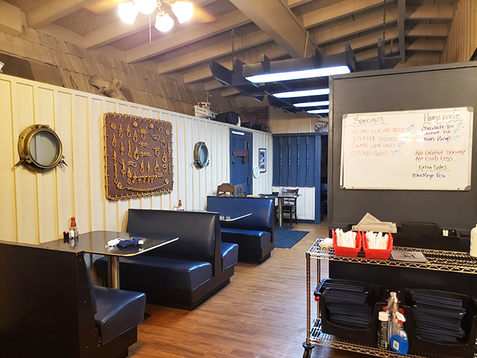 Nautical decor that doesn't try too hard &ndash; that "On Deck" plaque and porthole-style accents feel authentically maritime, not theme-park phony.