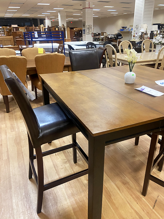 Dining tables await families to gather around them once more. That wooden beauty could host Thanksgiving for generations to come.