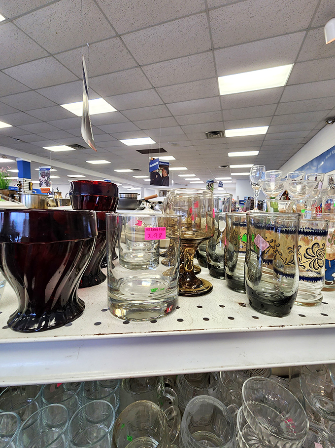 Glassware galore! From mid-century modern tumblers to contemporary stemware, these shelves hold the perfect vessels for everything from lemonade to cabernet.