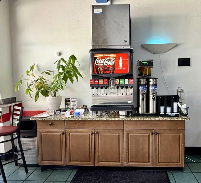 The drink station isn't fancy, but it's functional&mdash;like that reliable friend who always shows up to help you move apartments.