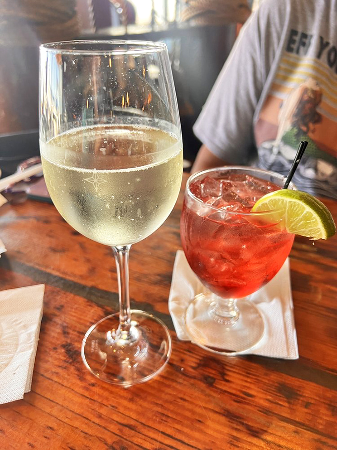 Wine and a sunset-colored cocktail&mdash;because sometimes the perfect pairing for seafood is liquid sunshine with a twist of lime.
