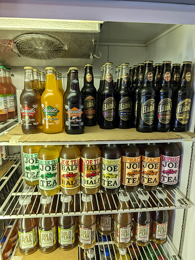 The beverage cooler &ndash; stocked with local favorites like Hank's and Joe Tea. Because every great sandwich deserves an equally thoughtful liquid companion.