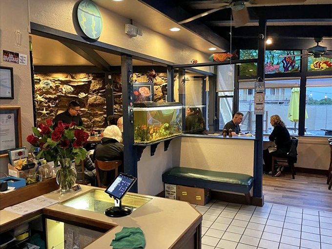 The interior reveals more personality than the modest exterior suggests. That fish tank isn't just decor&mdash;it's dinner's former neighbors.