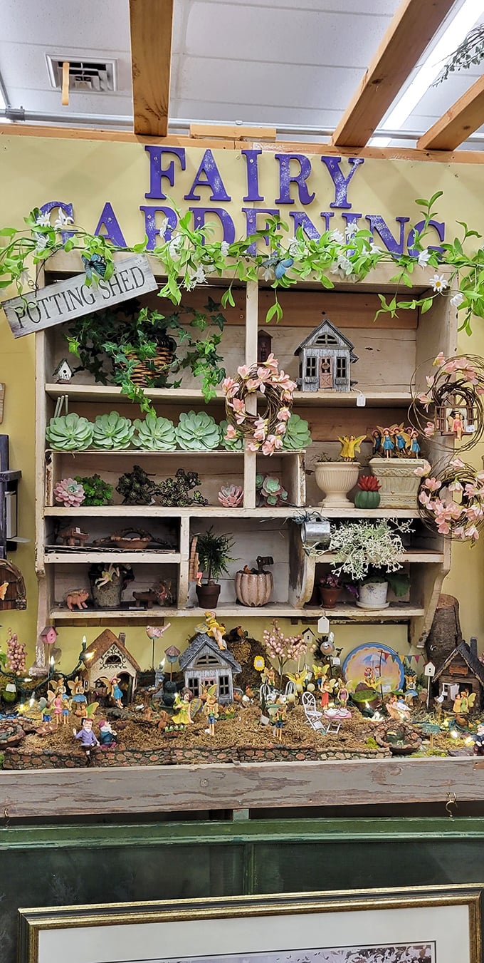 The Fairy Garden display transports you to a miniature wonderland where imagination blooms alongside tiny succulents and whimsical figurines.
