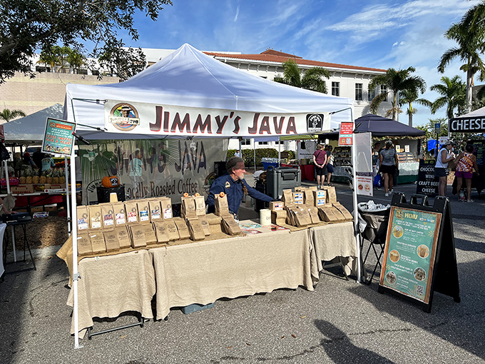 Jimmy's Java brings freshly roasted beans to the farmers market, proving good coffee doesn't require corporate logos or complicated ordering systems.