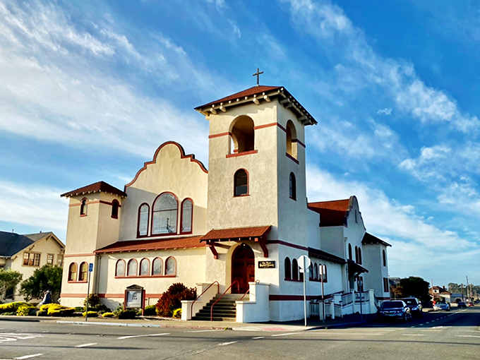 First Baptist Church's Spanish-inspired architecture glows golden in the afternoon light, a spiritual landmark that's been witnessing Fort Bragg sunsets for generations.