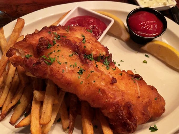 Fish and chips with a golden crust that crackles with each bite. That tartar sauce is standing by like a faithful sidekick.