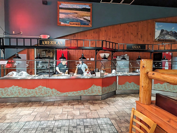 The American and Asian stations stand ready like culinary ambassadors, proving that world peace might just start at the buffet line.