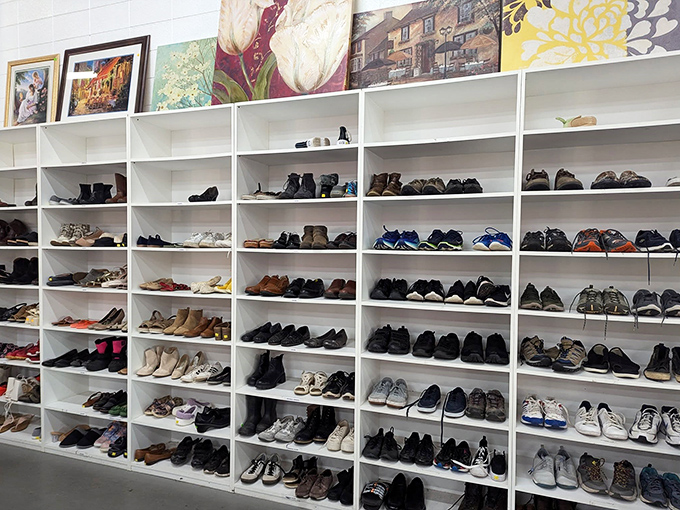 Shoe paradise organized with military precision. From work boots to dancing shoes, your feet's next best friends are waiting.