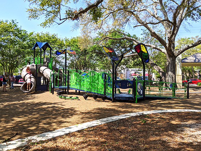 This playground doesn't need neon lights or cartoon characters&mdash;just old-fashioned fun beneath the watchful gaze of ancient oaks.